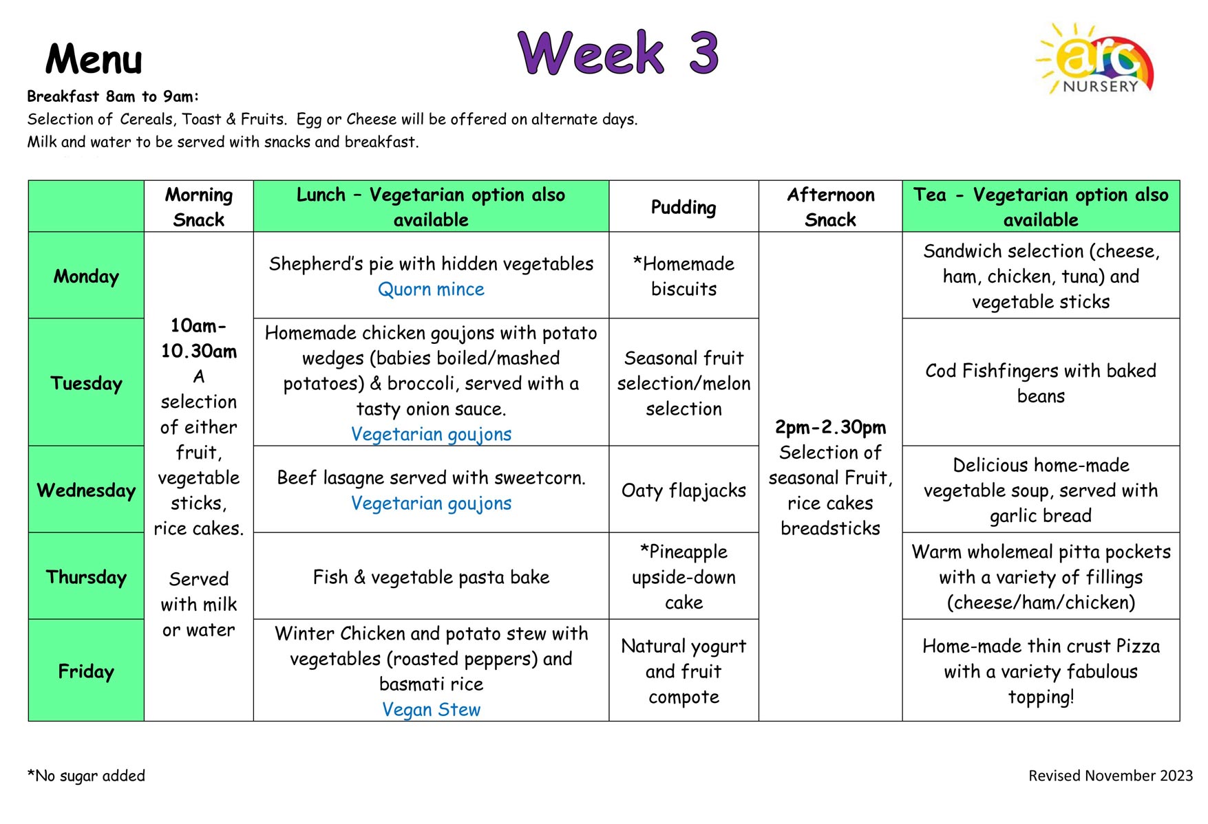 Arc Nursery Menu Examples for Breakfast, Lunch, Tea and Snacks