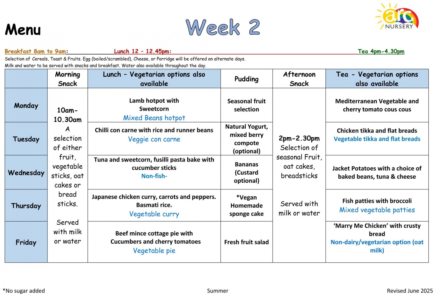 Arc Nursery Menu Examples for Breakfast, Lunch, Tea and Snacks